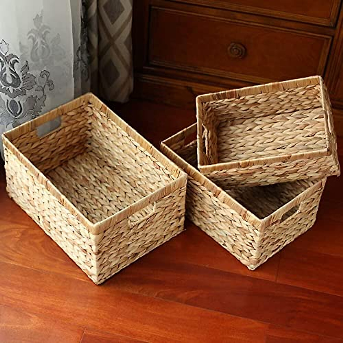 Water Hyacinth Wicker Baskets for Organizing, Rectangular Wicker Baskets with Built-in Handles 3-Pack