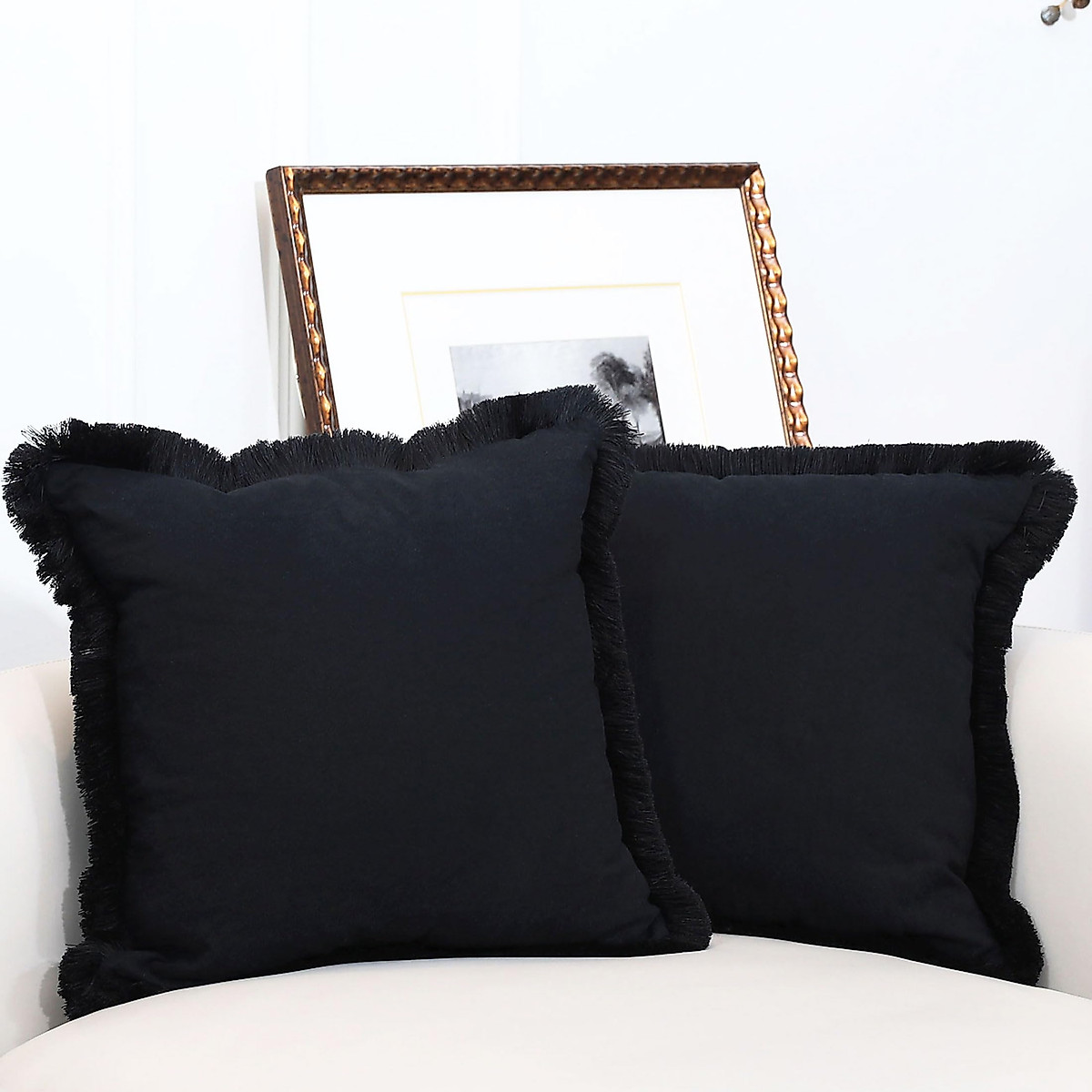 Black Linen Fringed Throw Pillow Cover 18x18 Inches Farmhouse Couch Pillows Cover for Bed Set of 2 Modern Neutral Decorative Throw Pillow Cases