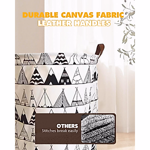 Nictemaw Laundry Hamper, Foldable Laundry Basket with Waterproof PE Coating, Canvas Fabric Round Large Storage Baskets with Leather Handles for Blankets, Clothes, Pillows, Shoes