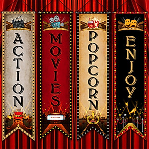 Blulu 4 Pcs Movie Night Porch Sign Now Showing Banner Movie Theme Paty Decoration Movie Vintage Theater Popcorn Enjoy Action Movies Hanging Porch Sign for Home Film Backdrop Party Supply