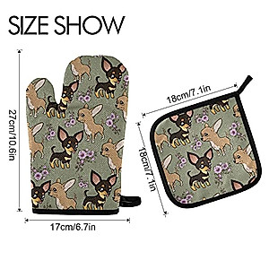 Oven Mitts and Pot Holders Set High Insulated Oven Gloves with Heat Insulation Pad Cute Chihuahua Flower Soft Cotton Lining and Non-Slip Surface Kitchen Mitten for Safe BBQ Cooking Baking