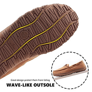 VLLy Slippers for Men Outdoor House Moccasins with Non-Slip Rubber Sole and Memory Foam Comfortable Insole Easy Wear Style Brown Size 11 US