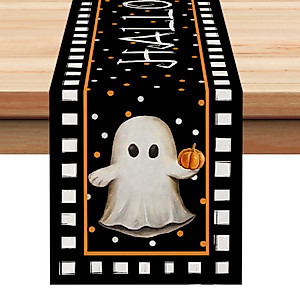 ARKENY Halloween Table Runner 13x72 Inches, Pumpkin Spooky Ghost Seasonal Burlap Polka Dots Farmhouse Indoor Kitchen Dining Table Decorations for Home Party AT454-72