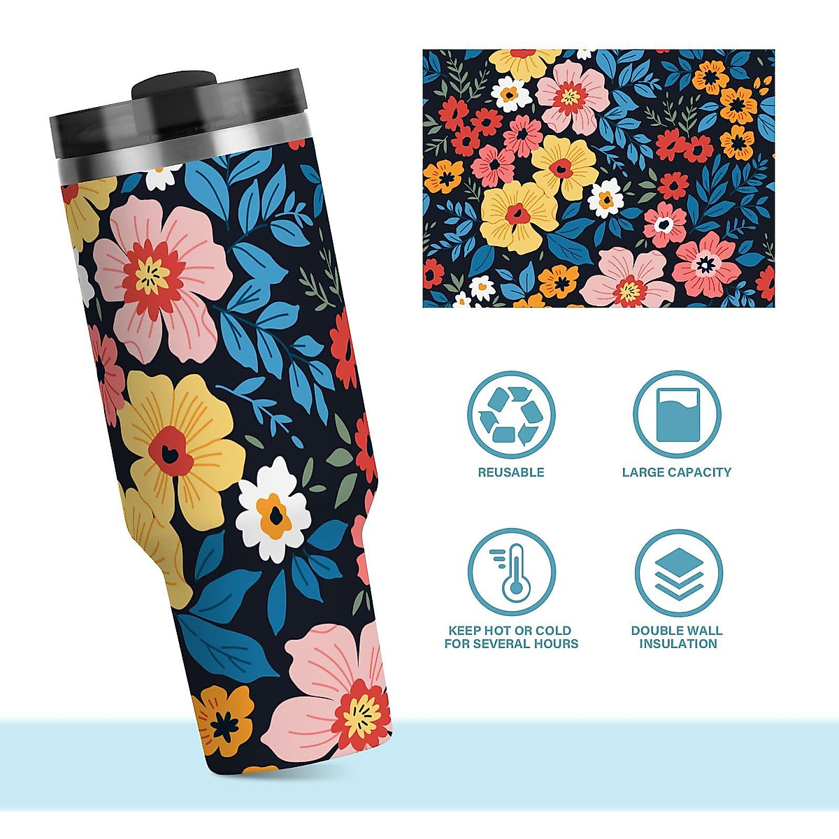 Yasala Car Tumbler with Handle Spring Vivid Flower Travel Mug Coffee Cup Insulated Beverage Container Mega Cup for Hot Cold Drinking Thermos Water Bottle Cupholder Friendly 40 oz