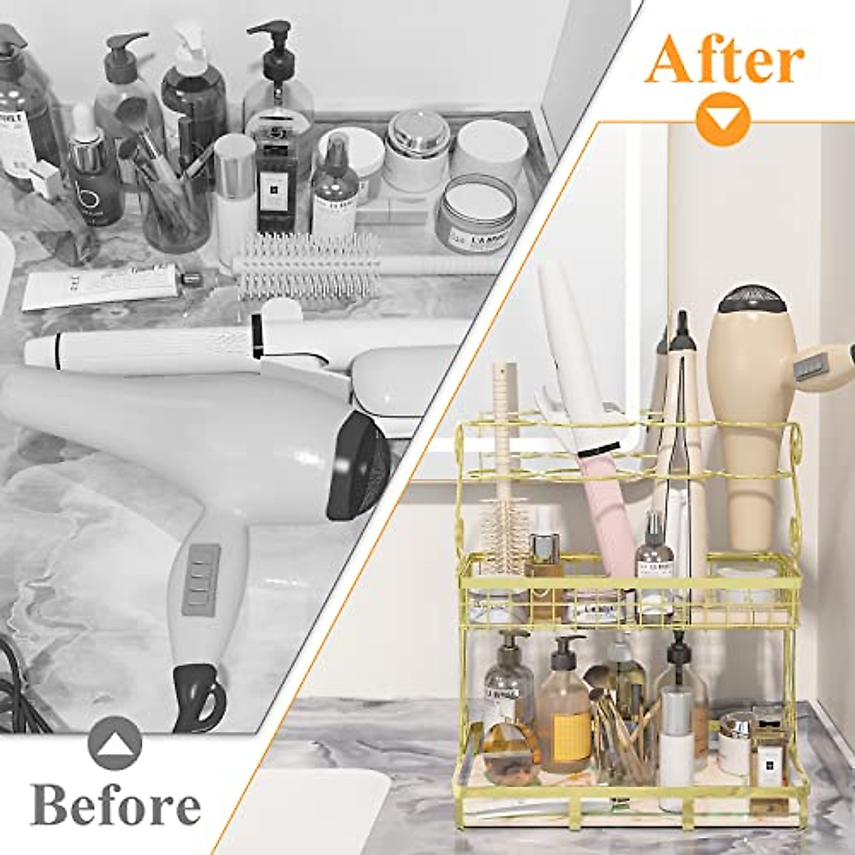 Hair Tool Organizer, 2-Tier Hair Dryer Holder & Styling Tool Organizer, Bathroom Countertop Blow Dryer Holder, Bathroom Vanity Countertop Storage for Hair Dryer,Flat Irons,Curling Wands,Makeup