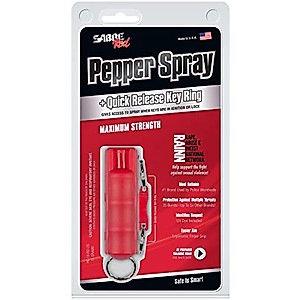 SABRE RED Pepper Spray Keychain with Quick Release for Easy Access – Max Police Strength OC Spray, Finger Grip for Accurate Aim, 10-Foot (3M) Range, 25 Bursts (5x Other Brands) – Practice Spray Option