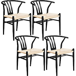 Yaheetech 4PCS Weave Dining Chair Weave Chair Mid-Century Modern Metal Rattan Chair Black Dining Chair Armchairs Hemp Seat Chair Accent Chair for Kitchen, Dining, Living Room Side Chairs, Black