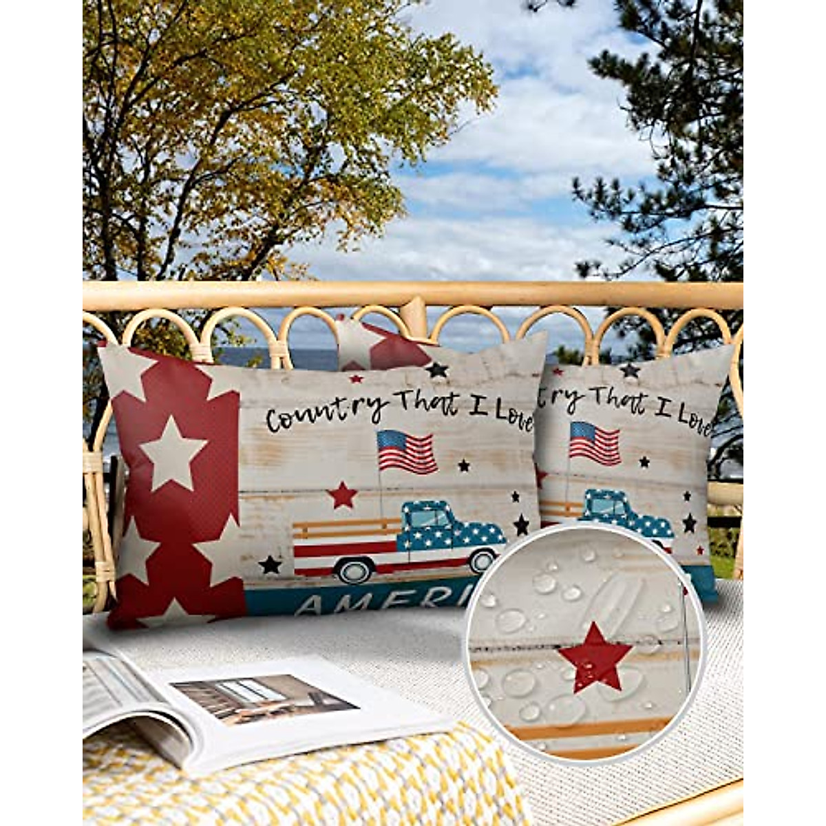 Waterproof Throw Pillow Covers Set of 2 Outdoor Pillowcases Patriotic Stars Rustic Red Truck Car with American Flag Garden Cushion Covers for Patio Tent Garden 20 x 12 Inch