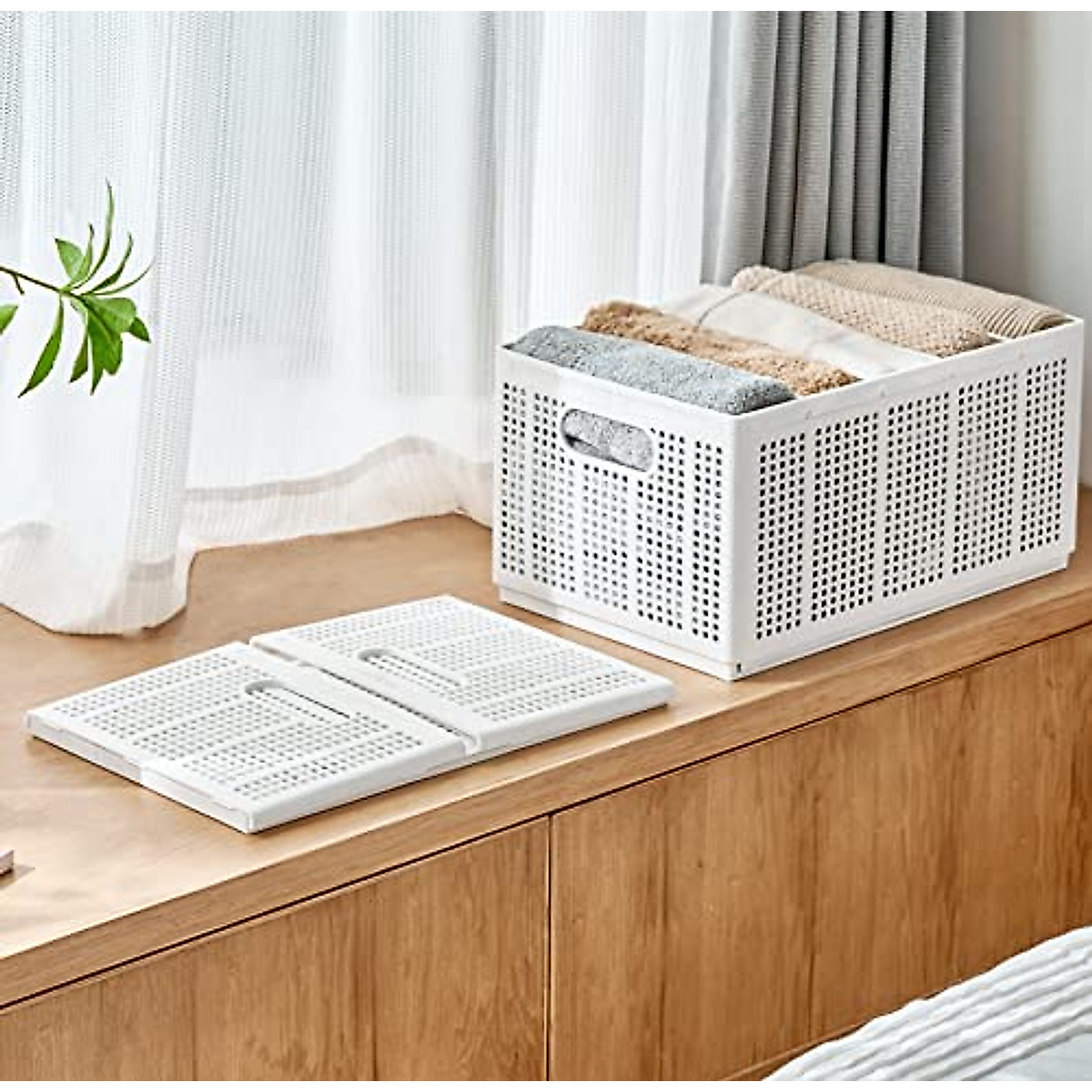 OMSORG Clothes Organizer for Folded Clothes, Plastic Storage Basket with Removable Partitions, Stackable Wardrobe Clothes Organizer Closet Storage Bins, for Bedroom Bathroom Home Organization