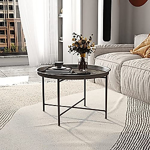 Yusong Coffee Table, Boho-Chic Hammered Metal Tray Coffee Table, Mahdavi Round Coffee Tea Table, Living Room Tables for Storage and Display, Brushed Silver