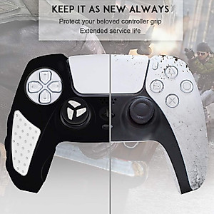 SIKEMAY PS5 Controller Skin, Anti-Slip Thicken Silicone Protective Cover Case Perfectly Compatible with Playstation 5 Controller Grip with 10 x Thumb Grip Caps (Black-White)