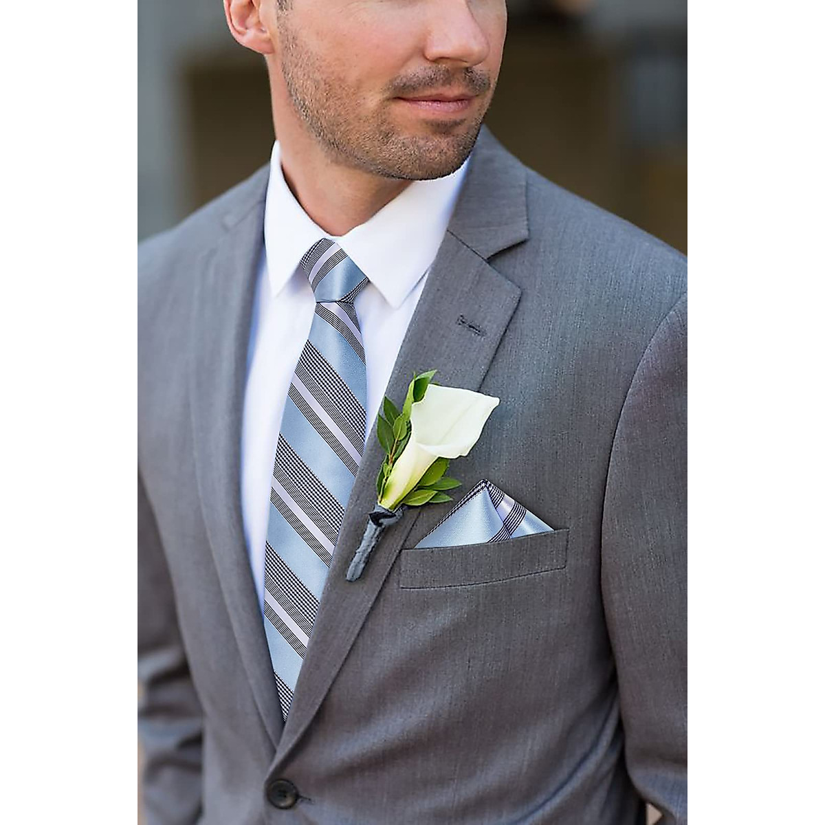 DiBanGu Mens Striped Tie Silk Woven Necktie and Pocket Square Cufflinks Tie Clip Set Wedding Business Formal Gift Tie for Men, Sky Blue and Grey