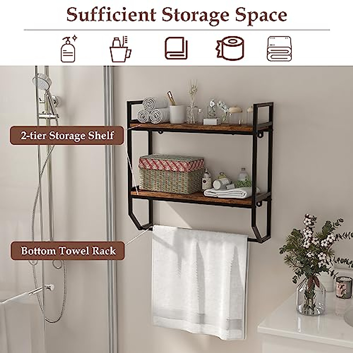 LOKO 2-Tier Bathroom Towel Rack with Shelf, Industrial Over The Toilet Shelf w/Towel Bar, Wall Mounted Hanging Shelf w/Towel Holder, Rustic Storage Organizer Shelves for Living Room, Kitchen