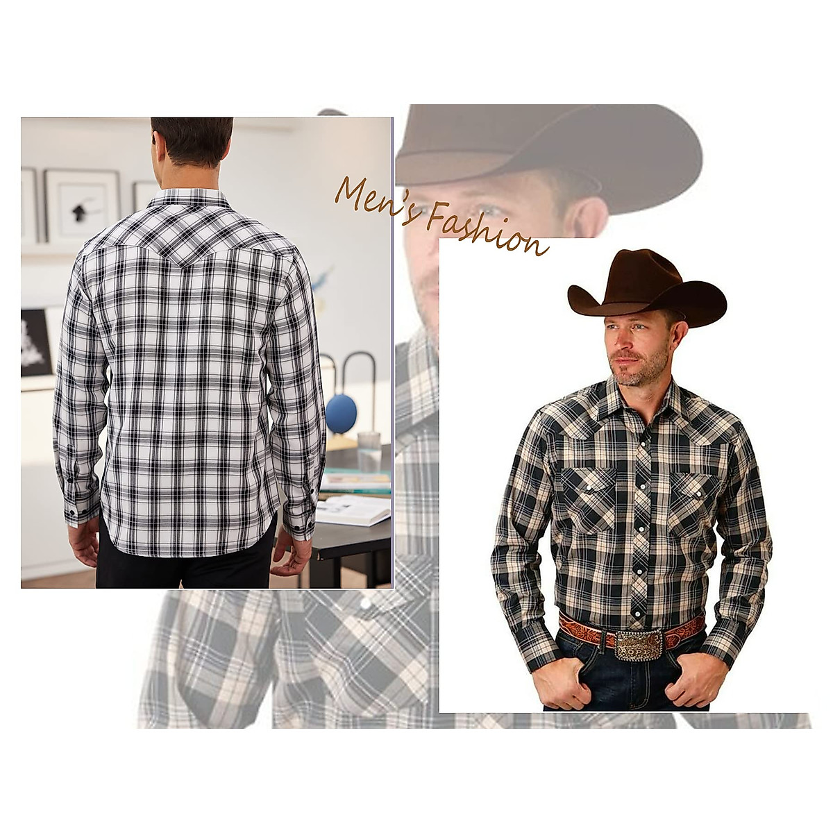 COOFANDY Mens Shirt Western Long Sleeve Cowboy Plaid Casual Button Up Dress with Pockets, Black White, Large, Long Sleeve