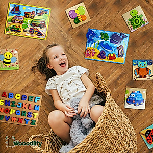 12 Pack Premium Chunky Wooden Puzzles for Toddlers Ages 2-4 - Toddler Learning Toys for Boys & Girls - Alphabet, Numbers, Fruits, Sea Life, Vehicles, Animals - Jigsaw Peg Puzzles for Kids - Value Set