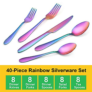 LIANYU 40-Piece Rainbow Silverware Set for 8, Stainless Steel Colorful Flatware Cutlery Set, Tableware Eating Utensils Include Forks Knives Spoons, Mirror Polished, Dishwasher Safe
