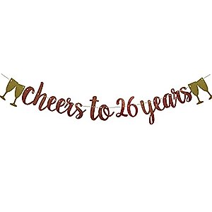 Cheers To 26 Years Banner,Pre-Strung, Rose Gold Paper Glitter Party Decorations For 26TH Wedding Anniversary 26 Years Old 26TH Birthday Party Supplies Letters Rose Gold ZHAOFEIHN