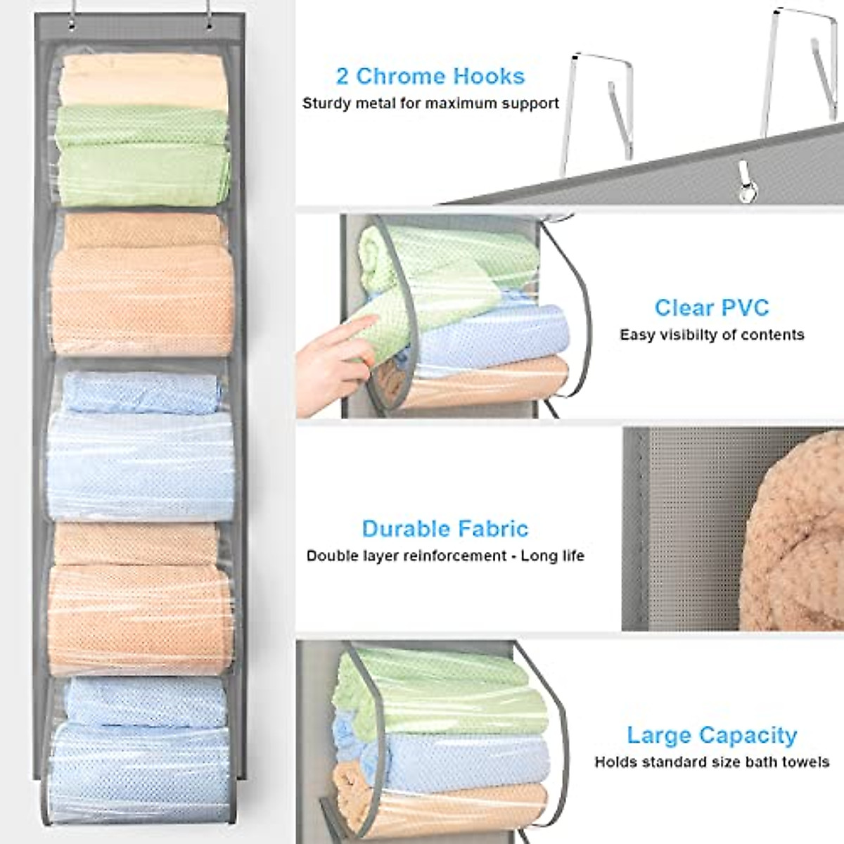 Towel Storage with 5 Pockets, Bath Towel Organizer for Rolled Towels Large Capacity Over The Door Towel Rack Bathroom Towel Holder Space Saving for Large Towels/Bathrobe/Thin Blanket, RV-Grey