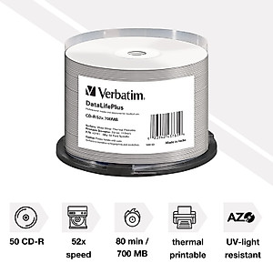 Verbatim 43781 CD-R 52x DataLifePlus Wide Thermal Printable CD-R Spindle - Silver