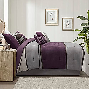 Madison Park Palisades Comforter Set Modern Faux Suede Pieced Stripe Design, All Season Down Alternative Cozy Bedding with Matching Shams, Decorative Pillows, Queen(90"x90"), Purple 7 Piece
