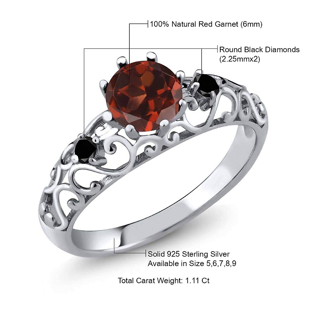 Gem Stone King 925 Sterling Silver Red Garnet and Black Diamond Engagement Ring For Women (1.11 Cttw, Gemstone Birthstone, Available In Size 5, 6, 7, 8, 9)