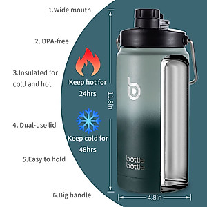 BOTTLE BOTTLE Insulated Water Bottle 64 oz with Straw and Dual-use Lid Half Gallon Water Jug Vacuum Stainless Steel for Workout and Sports Insulated Beer Growler with Handle（Black）
