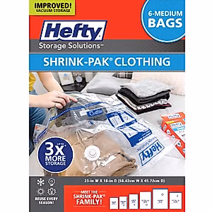 Hefty Shrink-Pak Vacuum Storage Bags – For Clothes, Pillows, Towels, Blankets & More – Space Saver Vacuum Suction Sealer Bags for Home or Travel – 6 Medium Bags, 23 x 18 Inches