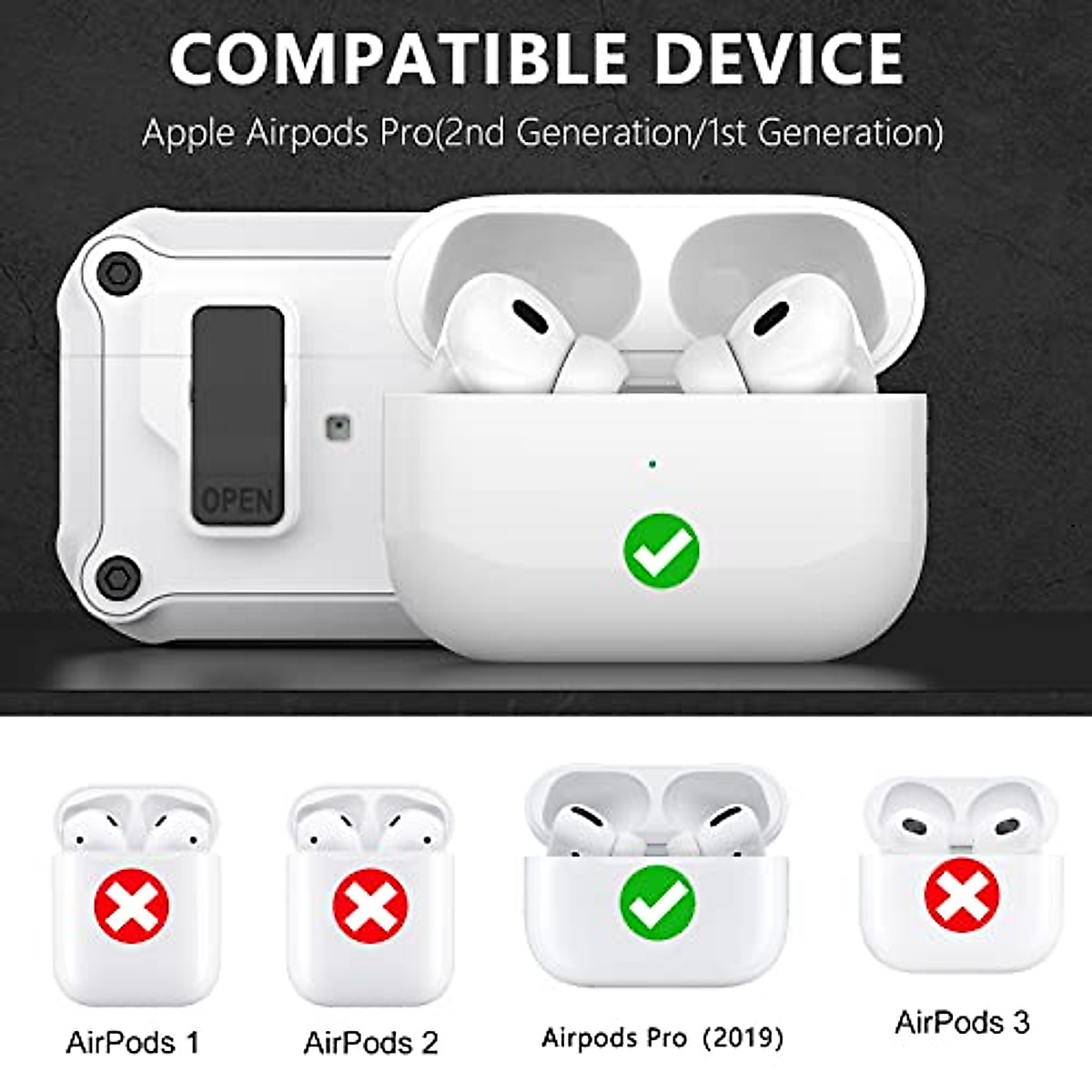 [4 in 1] AirPods Pro 2nd/1st Generation Case Cover with Cleaner kit & 3 Pairs Replacement Ear Tips with Noise Reduction Hole(S/M/L),Automatic Snap Switch Secure Case for Apple AirPods Pro 2nd/1st
