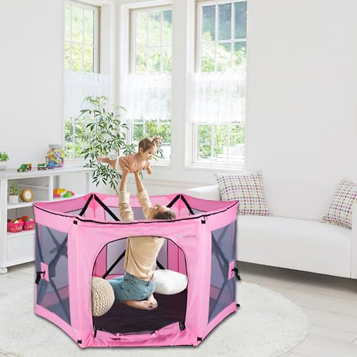 Hiseeme Baby playpen with Canopy,Extra Large Portable Play Yard Indoor and Outdoor,Toddler Play Yard with Double-Layer mesh Shade Cloth skylights,Suitable for Home,Beach,Travel,Easy to Clean,Pink