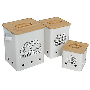 Potato Onion Garlic storage, Canister Sets for Kitchen Counter, Storage Set for Potato Onion Garlic, Kitchen Storage Bin Jars Pots with Aerating Tin Storage Holes & Wooden Lid - White