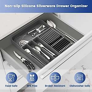 OUTXE Silicone Silverware Drawer Organizer, Non-Slip Utensil Organizer for Kitchen Drawers, Cutlery Tray with Extra Knife Block, 4 Compartments Flatware Organizer for Spoon and Fork, Grey