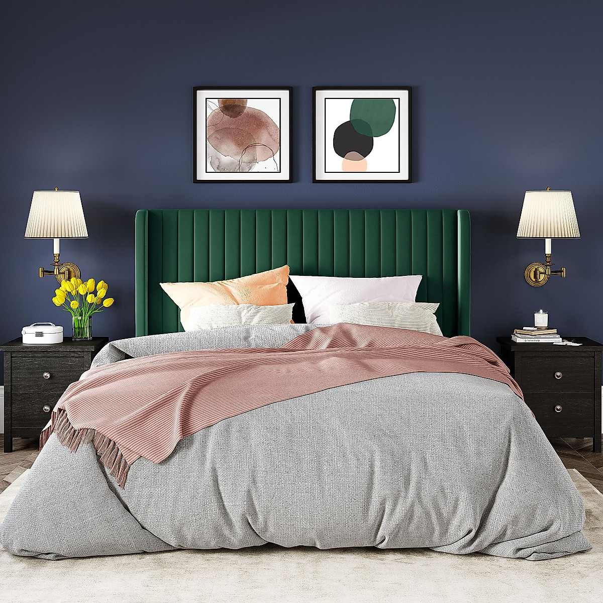 Allewie Queen Size Bed Frame/Velvet Upholstered Platform Bed/Vertical Channel Tufted Wingback Headboard/Strong Wooden Slats/No Box Spring Needed/Easy Assembly/Green