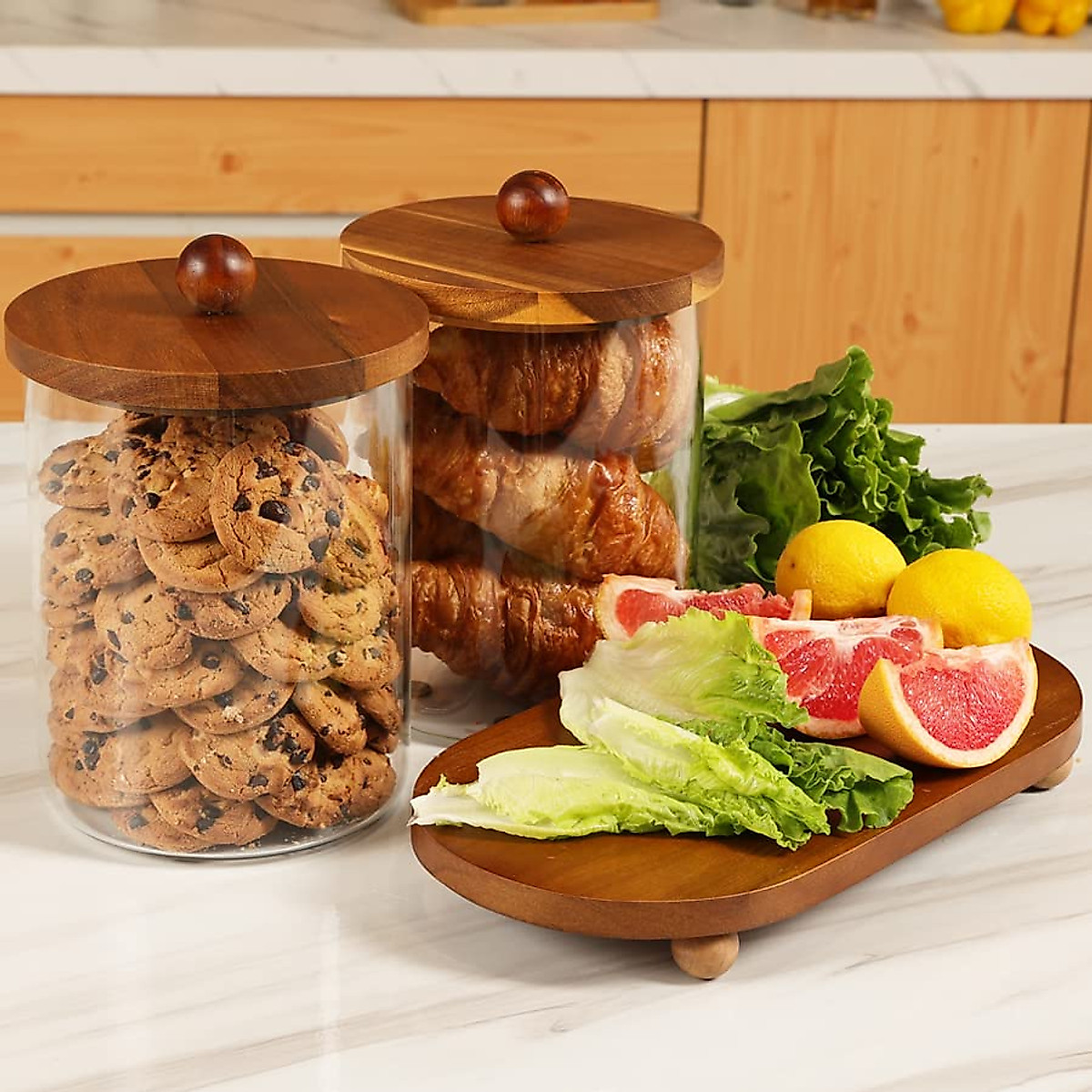 FavorFlavor Glass Jars with Airtight Lids Set of 2 101OZ Canister Sets for Kitchen Counter Flour Glass Storage Containers with Wooden Lid and a Tray for Kitchen or Laundry Room