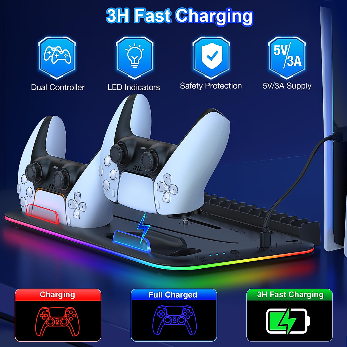 PS5 Slim Stand Cooling Station for Playstation 5 Slim Console Disc/Digital,PS5 Accessories Cooling Stand with 3-Level Cooler Fan,Dual PS5 Controller Charger,RGB Light,Headset Holder,15 Game Slot-Black