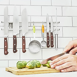 Magnetic Knife Holder Strip for Wall and Kitchen Utensil Holder-16inch Powerful Stainless Steel Magnetic Knife Rack with Hanger Hook Strip Plus Carbon Sharpener