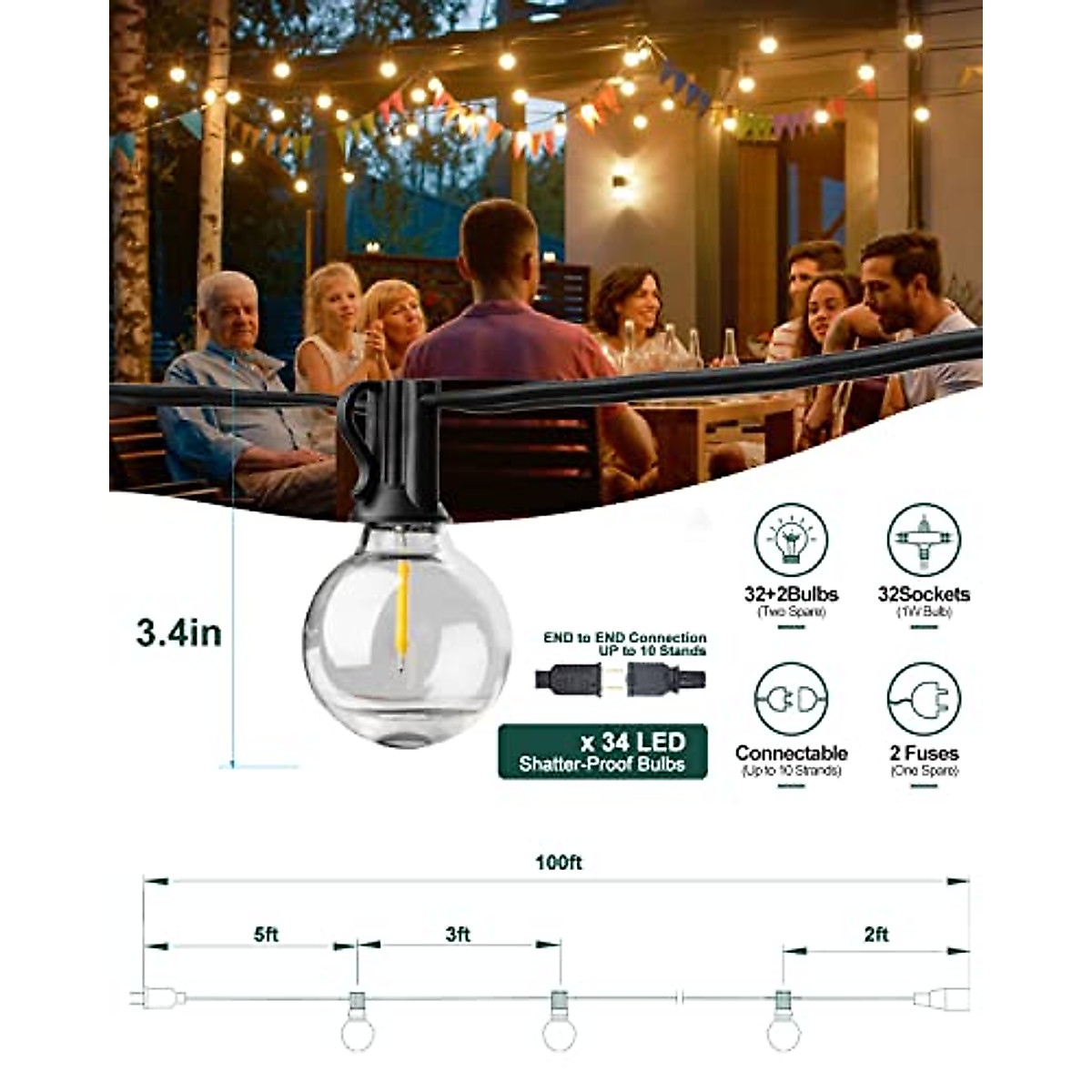 ACOHOOK 100FT Globe Outdoor Lights String, Dimmable LED Patio String Light with 34 G40 Shatterproof Plastic Bulbs, Waterproof Commercial Hanging Lights for Outside Party Porch Backyard Bistro