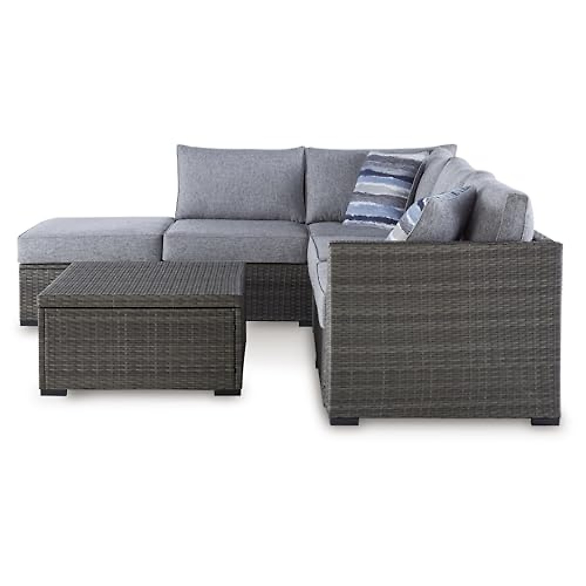 Signature Design by Ashley Petal Road Casual Weather Resistant Cushioned Outdoor Loveseat Sectional/Ottoman/Table Set with 2 Throw Pillows, Set of 4, Gray