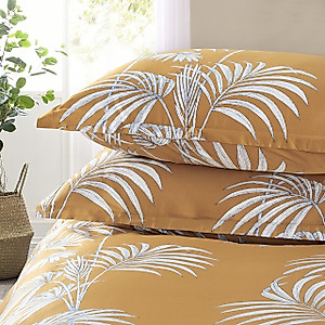 Eikei Midnight Blue Botanical Print Duvet Quilt Cover Egyptian Cotton Bedding Set Modern Luxury Minimal Palm Leaf Dark Charcoal Navy Ocher Floral Watercolor Design (Mustard Yellow, King)