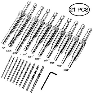 21 pcs Center Drill Bit Set, AFUNTA Self Centering Hinge Tapper Core Hole Puncher 5/64'' 7/64'' 9/64'' 11/64'' 13/64'' 5mm 1/4'' & 1 Pcs Hex Key & 10 Pcs Replacement Drill Bits