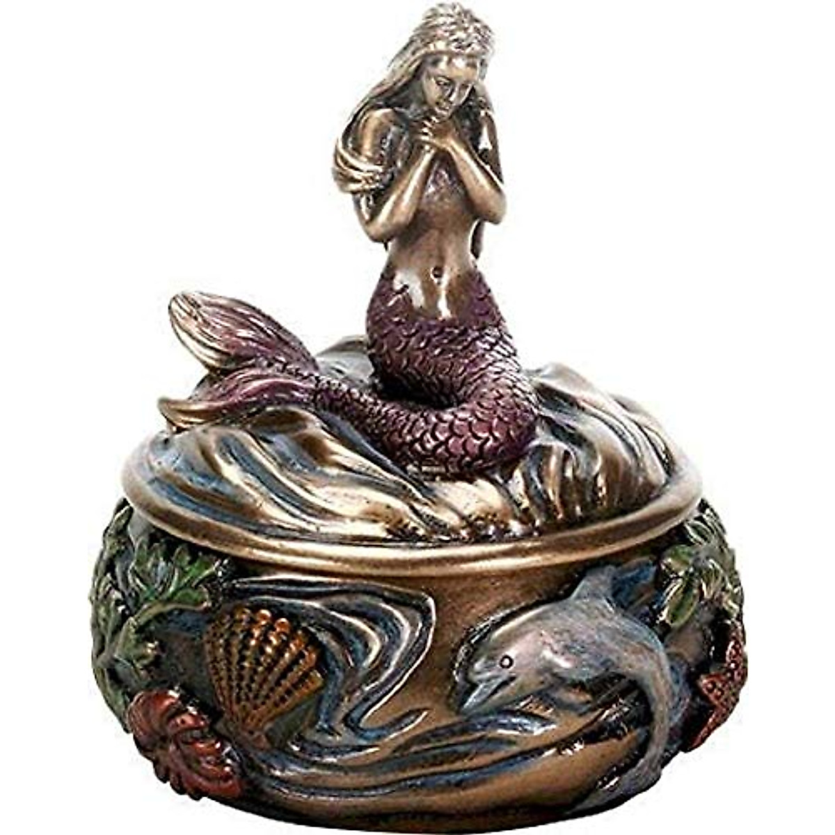 SUMMIT COLLECTION Decorative Art Nouveau Style Sirens of The Sea Mermaid Holding Hand Over Chest Praying Mermaid Fantasy Resin Jewelry Trinket Box 3.25 Inch Tall Faux Bronze