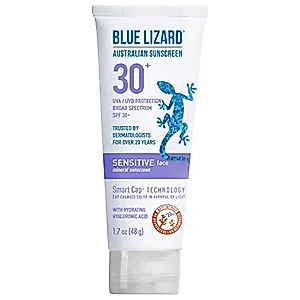 Blue Lizard SENSITIVE FACE Mineral Sunscreen with Zinc Oxide and Hydrating Hyaluronic Acid, SPF 30+, Water Resistant, UVA/UVB Protection with Smart Cap Technology - Fragrance Free, 1.7 oz.