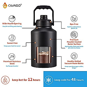 CIVAGO Gallon Insulated Water Bottle Jug, 128 oz Stainless Steel Sports Canteen with Handle and Sleeve, Large Metal Growler Mug, Navy Blue