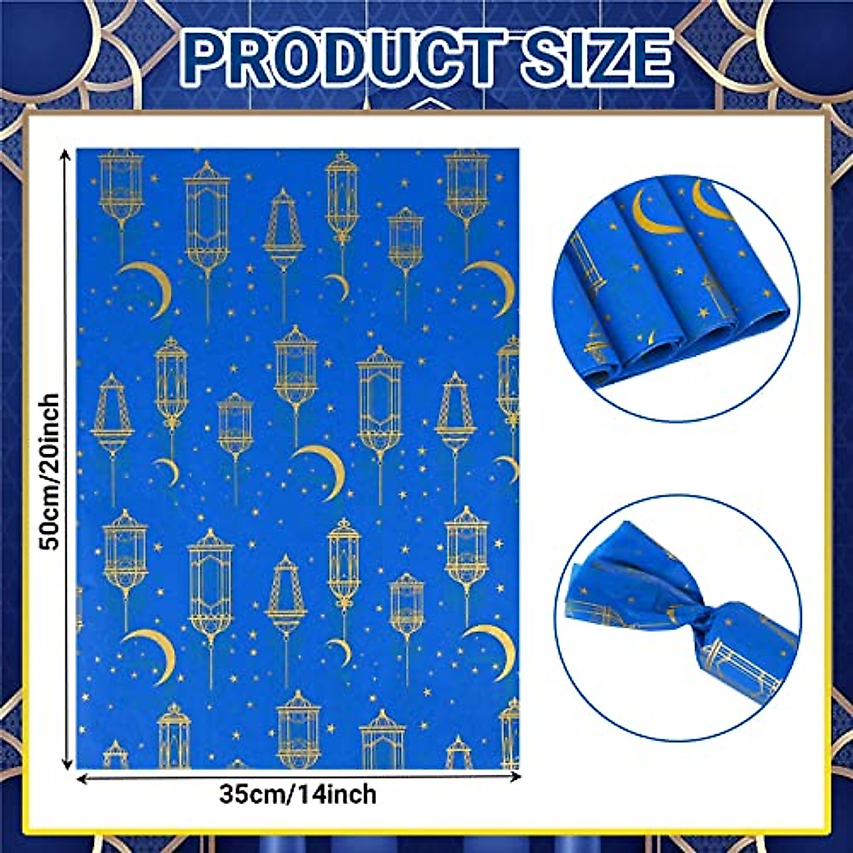 Bolsome 100 Sheets 20 * 14 Inches Eid Mubarak Tissue Wrapping Paper Blue and Gold Tissue Paper for Gift Bags for Ramadan Eid Al-fitr Gift Wrapping and DIY Crafts