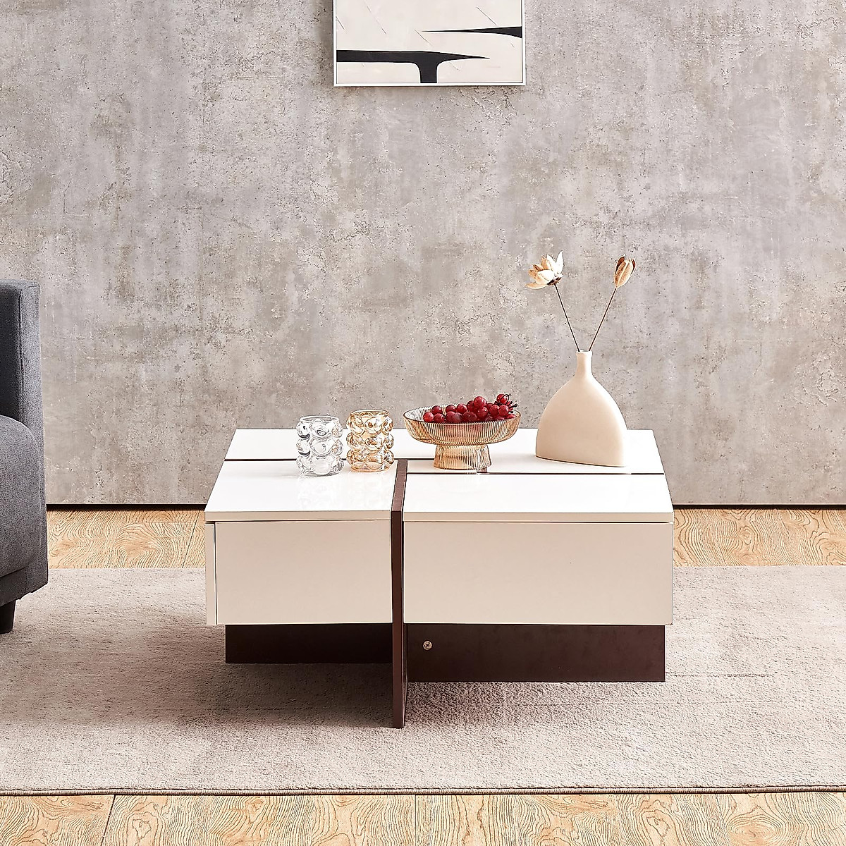 Victoria Collection Modern Style High Gloss & Veneer Finished Living Room Square Coffee Table with 4 Drawers - White & Walnut, Particle Board