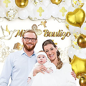 66 Pcs Baptism Party Decorations Mi Bautizo Backdrop Balloons Arch Garland Baptism Backdrop Gold Balloons for Boys Girls First Holy Communion Christening Celebration Accessories Photo Background