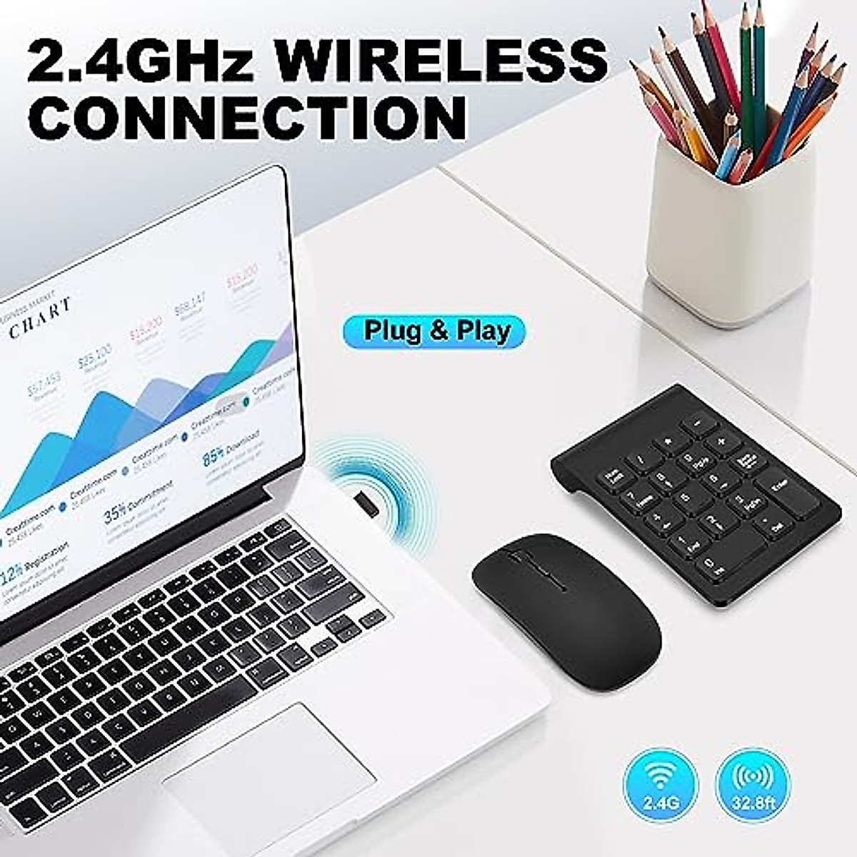 Wireless Numeric Keypad, TRELC Mini 2.4G 18 Keys Number Pad, Portable Silent Financial Accounting Numeric Keypad Keyboard Extensions with Wireless Mouse for Laptop, PC, Desktop, Notebook(Black)