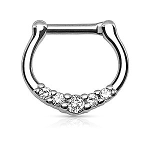 Amelia Fashion 16G Nose Septum/Ear Cartilage Clicker Ring 316L Surgical Steel 5 CZ Inlay (Choose Color) (Clear)