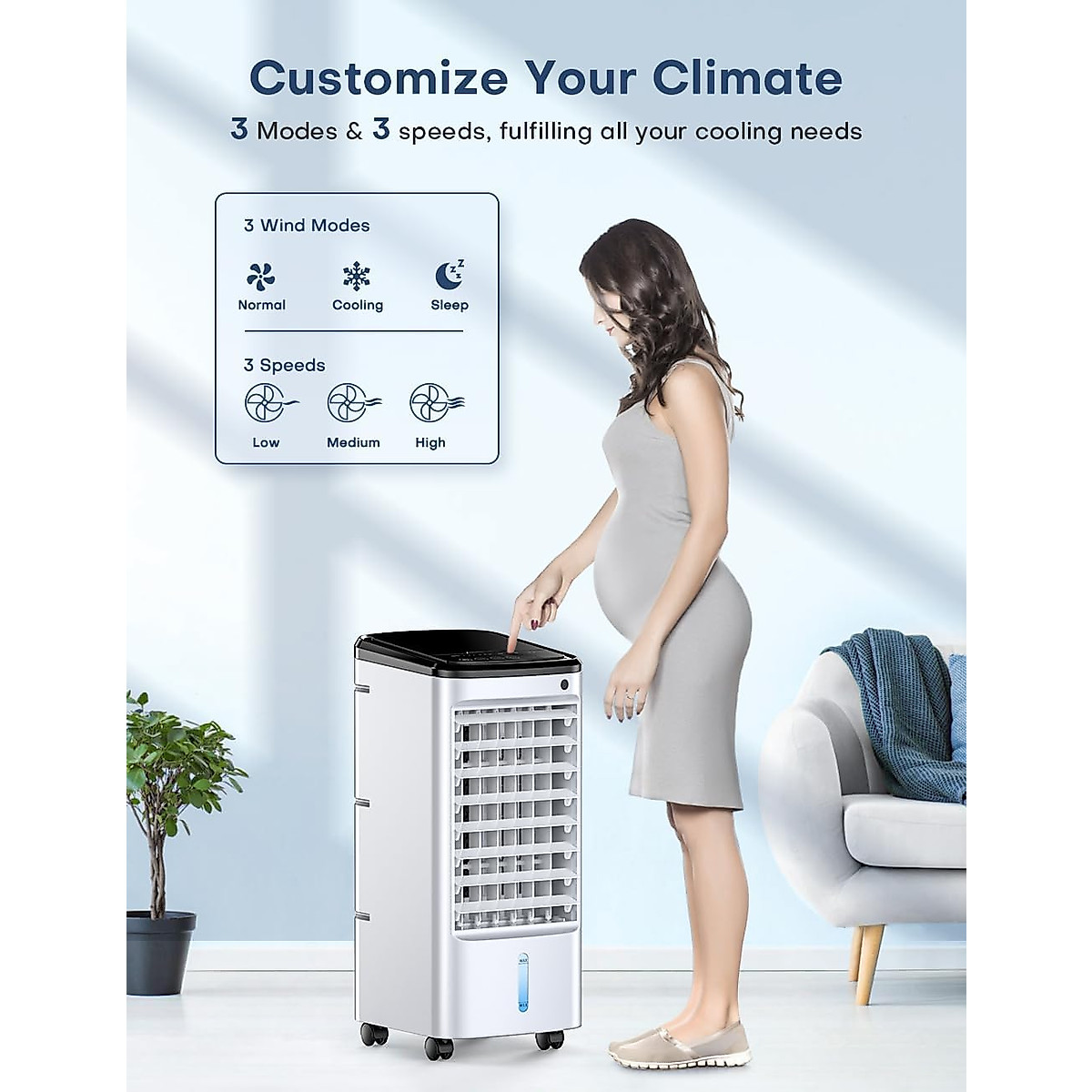 CENSTECH Evaporative Air Cooler, Swamp Cooler Air Conditioner w/ 12H Timer for Auto-off, 6 Upgraded Ice Packs, 3-Speed Windowless Air Conditioner, Smart Remote, Dual Tank Portable Air Cooler for Room