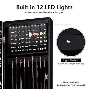 COSTWAY 12 LED Mirror Jewelry Cabinet, Freestanding Jewelry Storage Organizer w/Full Length Mirror, Large Capacity Jewelry Armoire w/Bottom Shelf, Mirror with Jewelry Storage for Women Girls (Black)