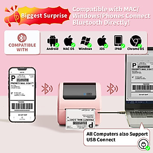 Bluetooth Thermal Shipping Label Printer 4X6 - Wireless Pink Thermal Label Printer for Shipping Packages & Small Business - Thermal Shipping Label Printer, Compatible with Phone, USPS, Shopify, Ebay